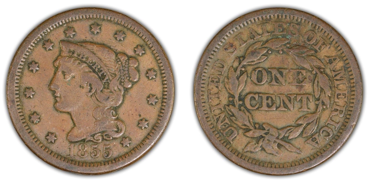 1855 Large Cent, upright "55," F-15 - Harford Coins